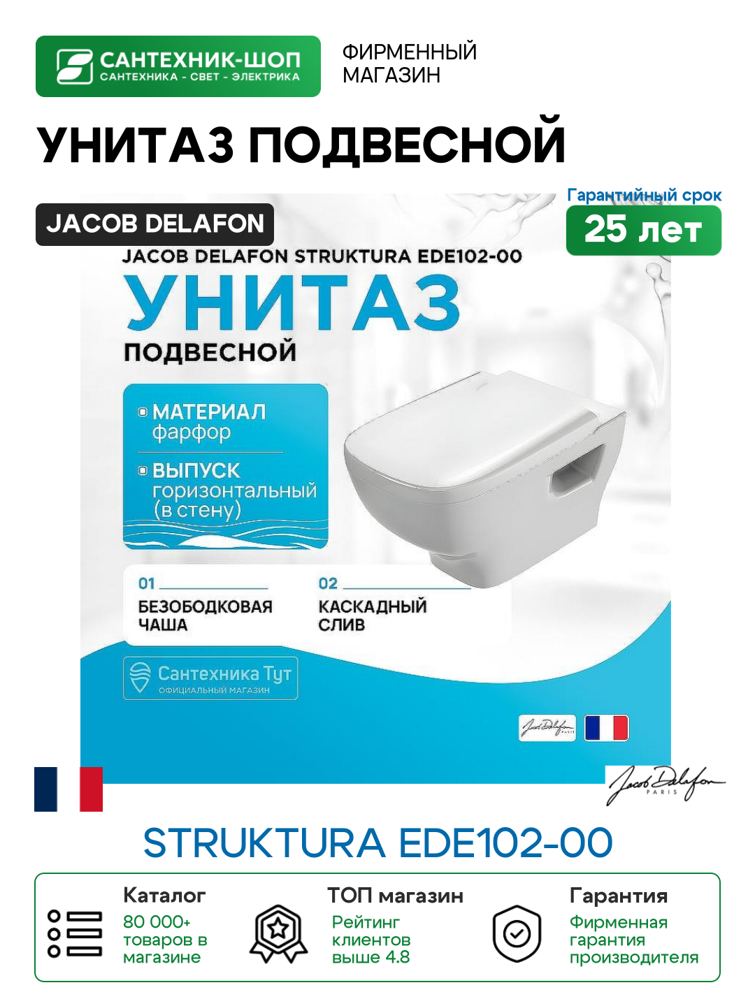 Унитаз Jacob Delafon Struktura EDE102-00 подвесной без сиденья фарфор подвесной