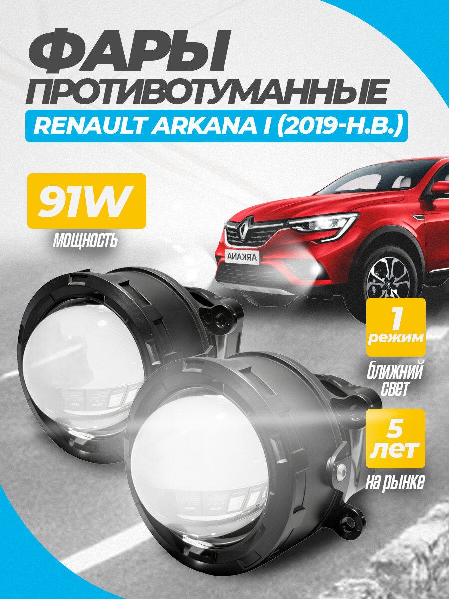 ПТФ Лазерные 1 режим 91 W белый свет, подходят для RENAULT ARKANA I (2019-Н. В.), Линзованные противотуманные фары ПТФ светодиодные линзы Рено Аркана 1