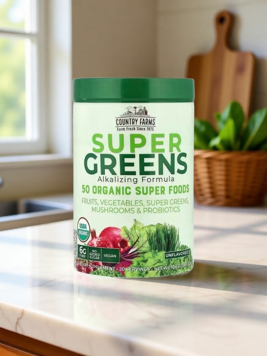 Country Farms, Super Greens, подщелачивающая формула, без добавок, 300 г