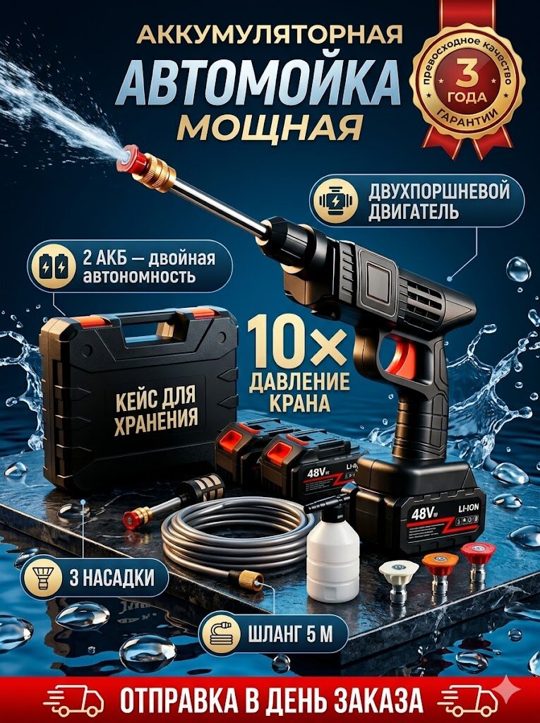 Мойка высокого давления аккумуляторная для автомобиля, Автомойка, в кейсе 2 аккумулятора, 3 насадки