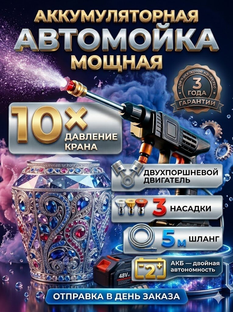 Мойка высокого давления аккумуляторная для автомобиля, Автомойка, в кейсе 2 аккумулятора, 3 насадки