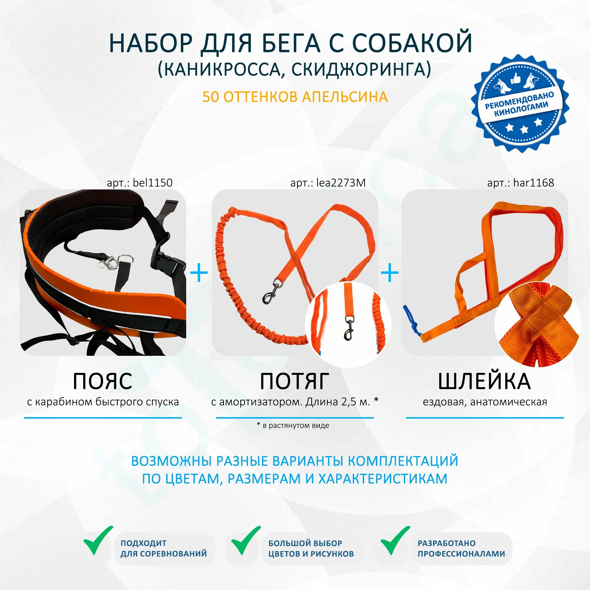 Набор для бега с собакой (каникросс). Пояс с карабином быстрого спуска, потяг с амортизатором 2,5 м, ездовая шлейка M