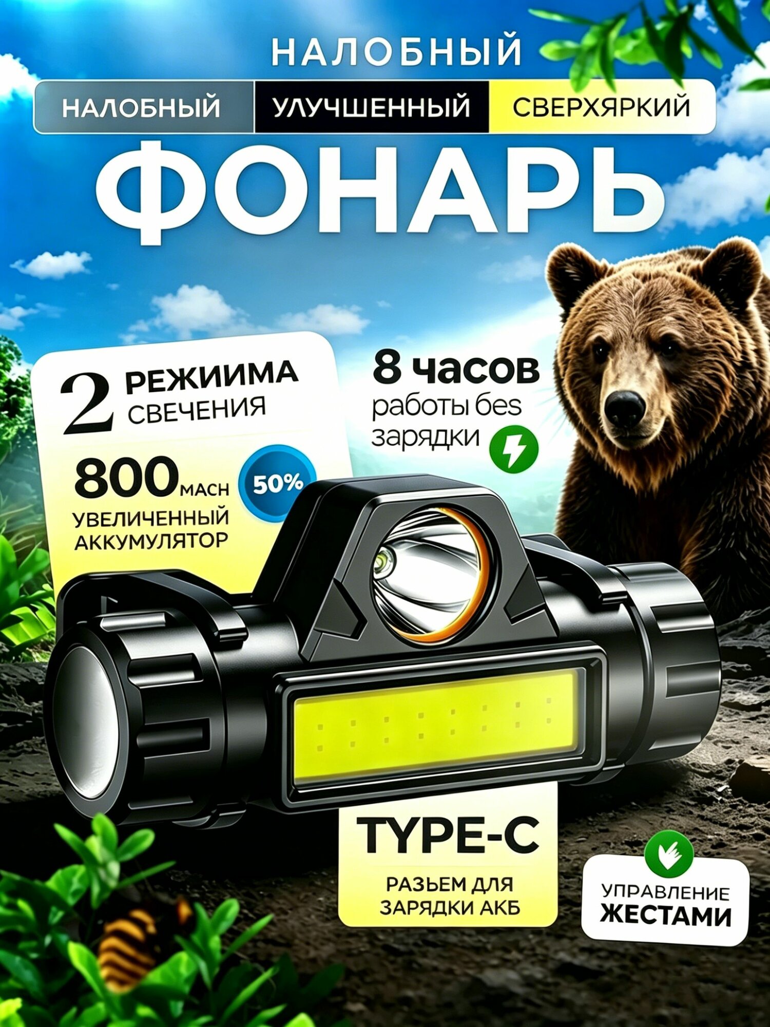 Фонарик налобный аккумуляторный, светодиодный,18650, мощный магнит Налобные фонари