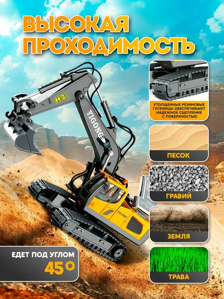 Детский радиоуправляемый экскаватор — точная копия настоящего, металлический ковш — фото 1