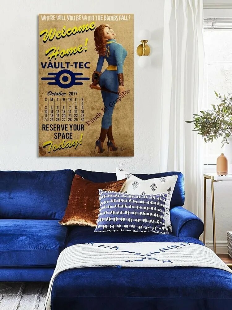 Картина "Канвас Vault-Tec с девушкой в костюме и календарем 45 х 60" 45x60 см