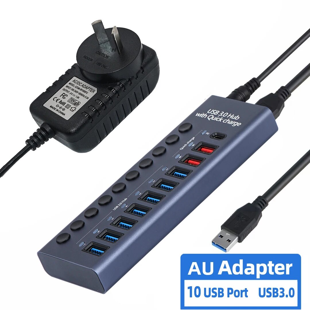 AIXXCO USB 3.0 хаб 10 портов Темно-синий, 985C AU Power Plug