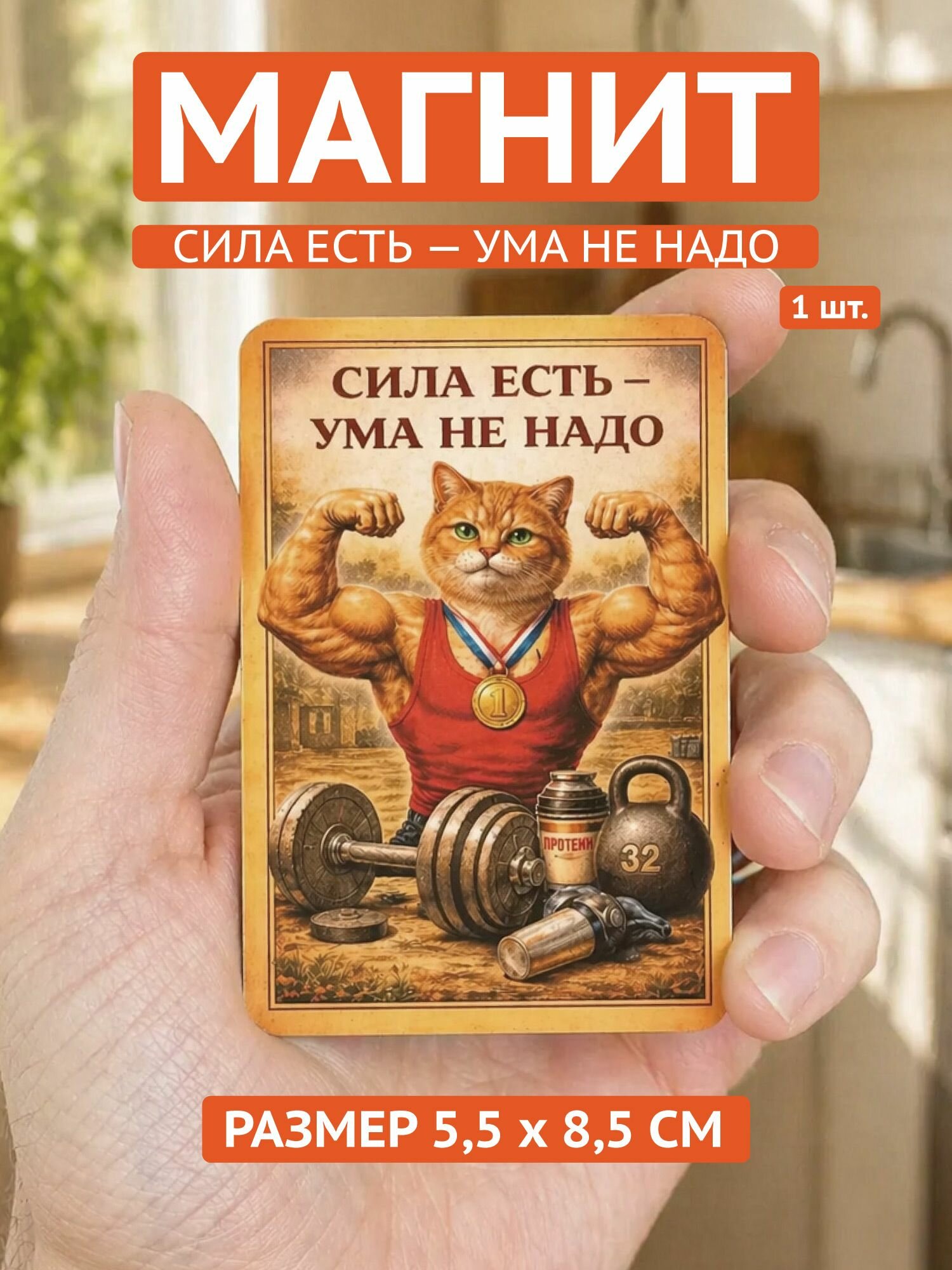 Магнит Сила есть - ума не надо. 5,5 на 8,5 см. 1 шт. Магнитик на холодильник с котиком.