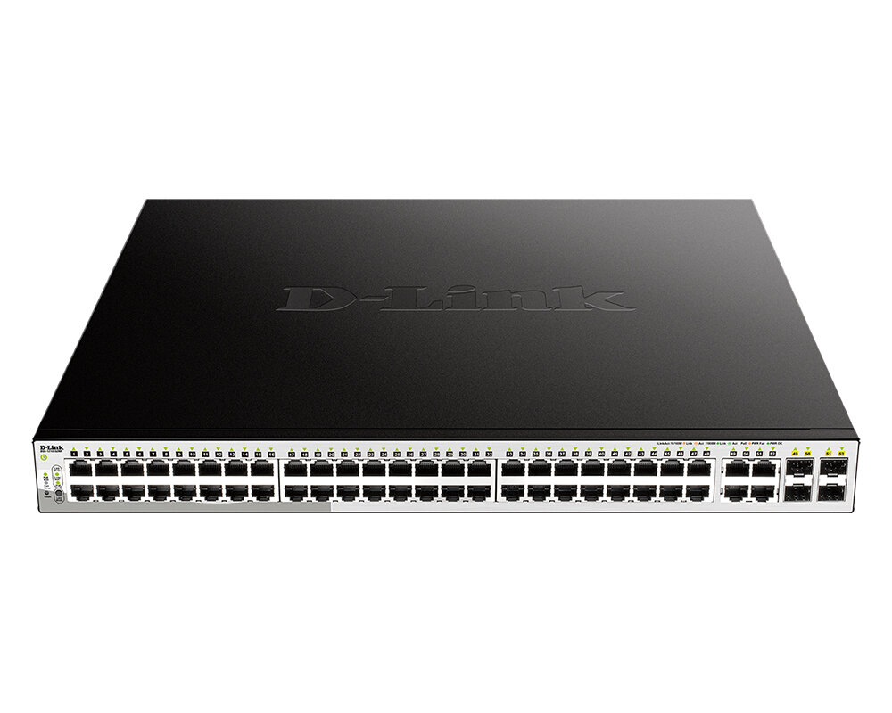 Коммутатор D-Link DGS-1210-52MP/FL1A, RJ45, SFP, 52 порта, 104 Гбит/с, PoE, управляемый, чёрный