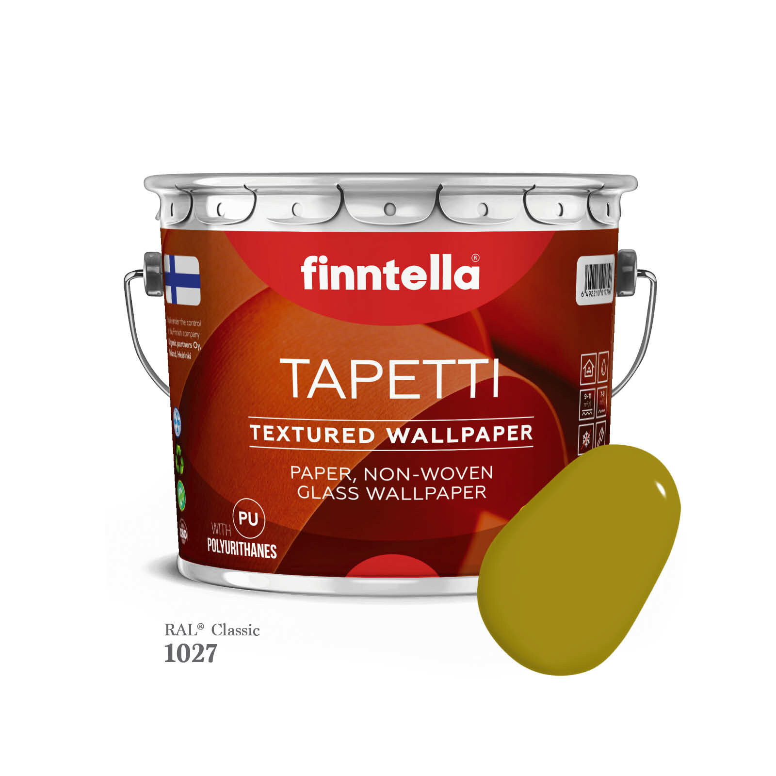 Шелковисто-матовая краска для обоев под окраску TAPETTI SILKKI Matta FINNTELLA, Цвет RAL 1027 Желтое карри (Curry), 2,7л