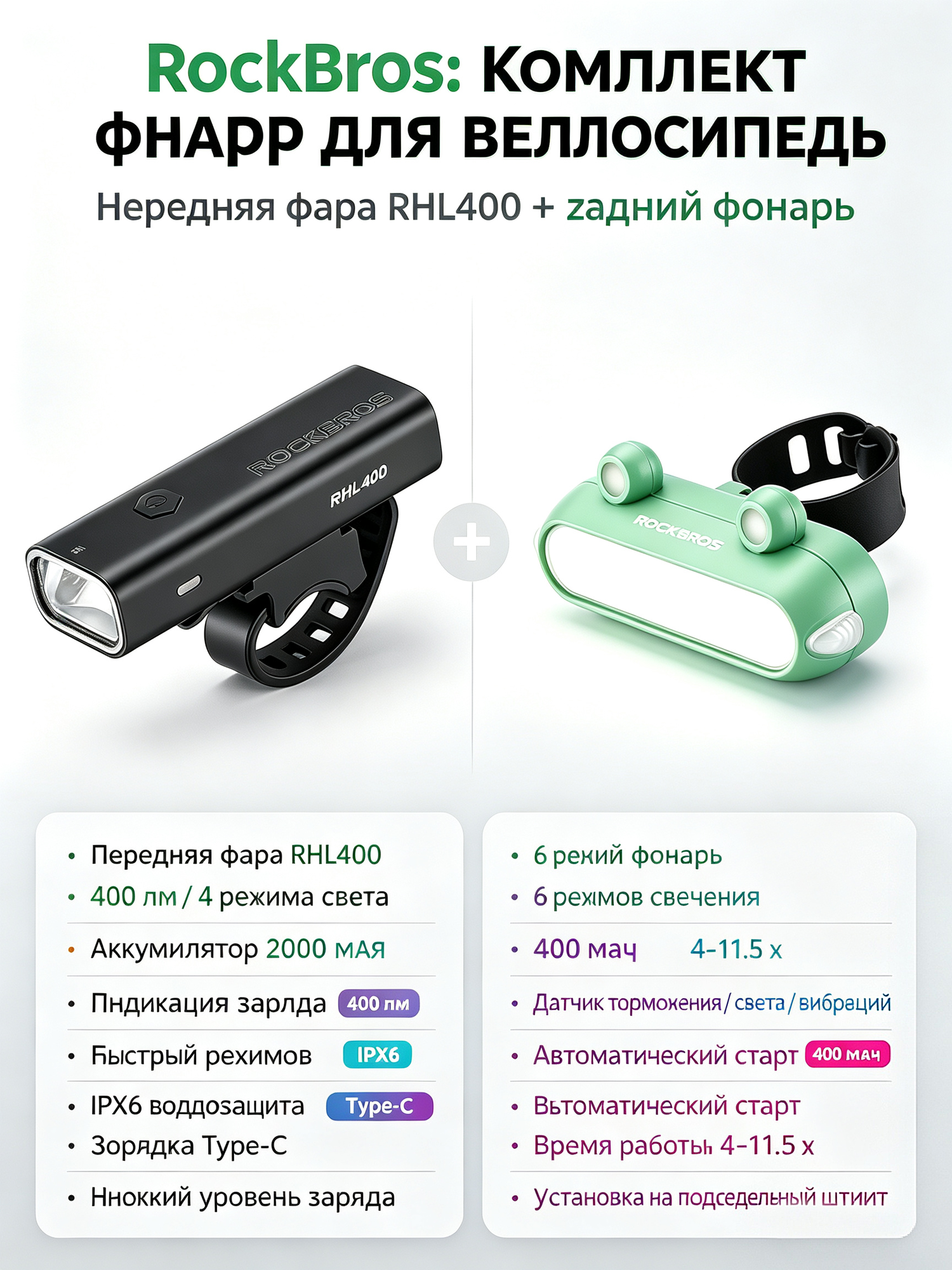 Умные задние фонари для велосипеда ROCKBROS, +Осветительная фара RHL400, бионические задние фонари, 6 режимов
