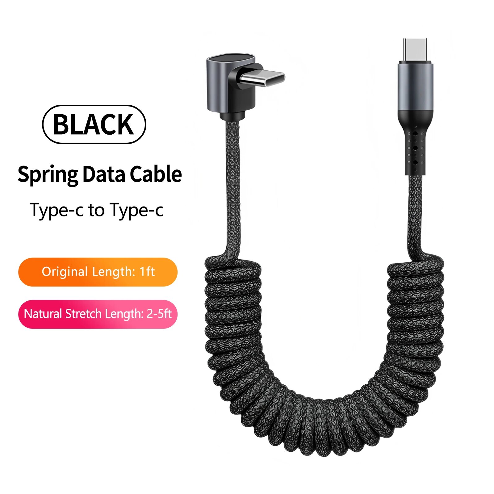 Кабель USB-C на Type-C витой, плетеный, 90 градусов, выдвижной, для быстрой Черный, Black UD C-C