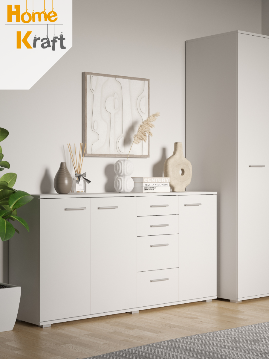 Комод Home Kraft NOVA, ЛДСП, белый, 138х73.5х34 см, 4 ящика, современный стиль — фото 1