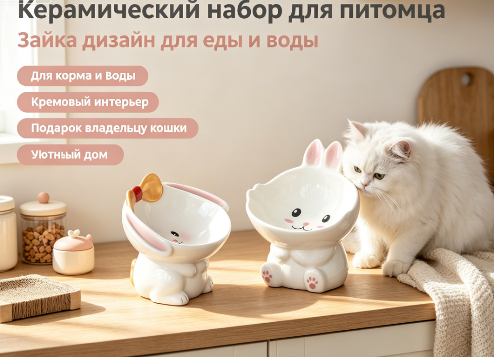 Керамическая наклонная миска для домашних животных в виде мультяшного 3D-животного, с защитой шеи и наклонным ртом.
