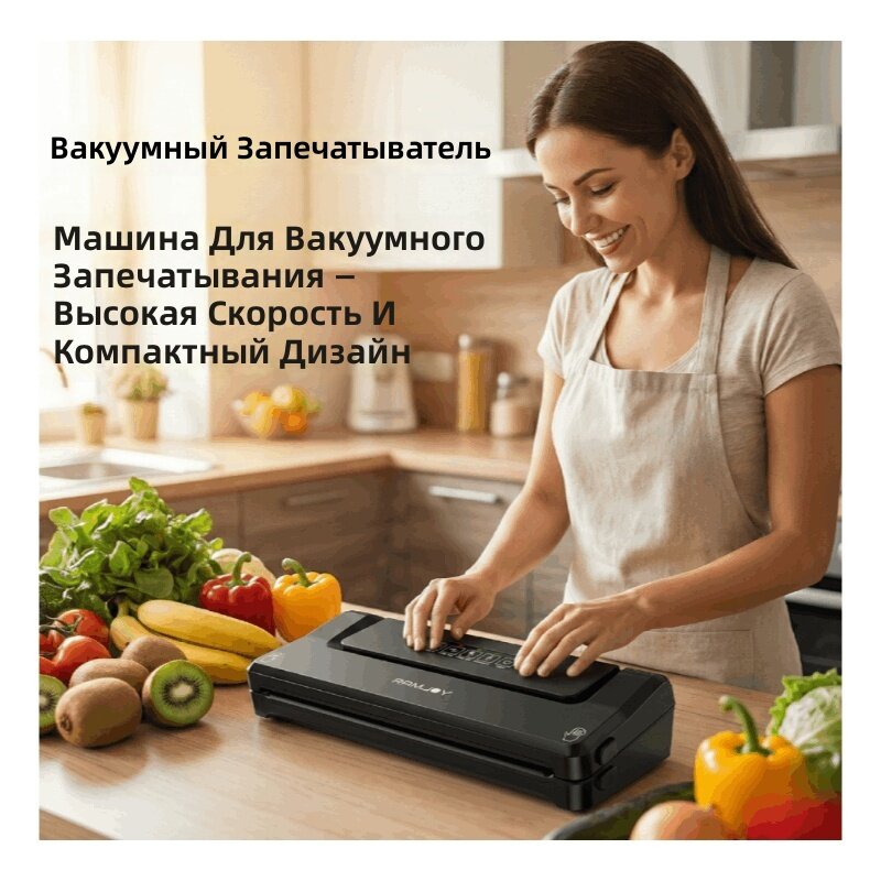 Автоматический вакуумный упаковщик для продуктов компактный, черный, с функцией импульсной упаковки и режимом для аксессуаров, для сухих и влажных продуктов, заморозки и заготовок