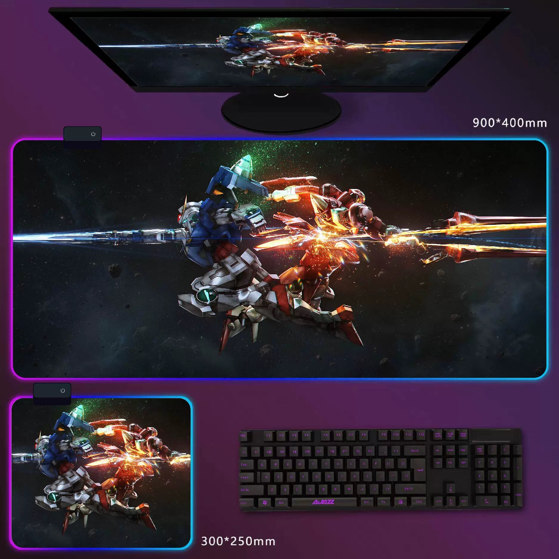 Коврик для мыши с подсветкой RGB Mobile Suit Gundam 700x300 мм, толщина 4 мм для игр и офиса