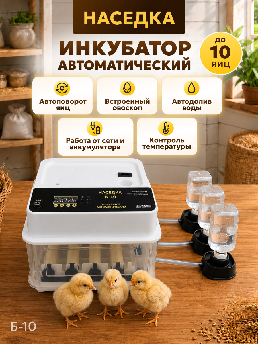 Инкубатор для яиц автоматический Наседка Б-10 с терморегулятором, овоскопом, автоповоротом, 220В/12В