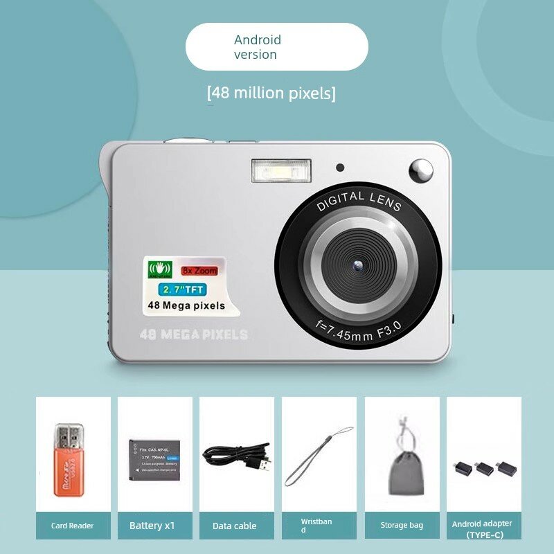 Серебристый цифровой фотоаппарат с экраном HD, 8-кратным зумом, версия для Android, 64 ГБ памяти для студентов и