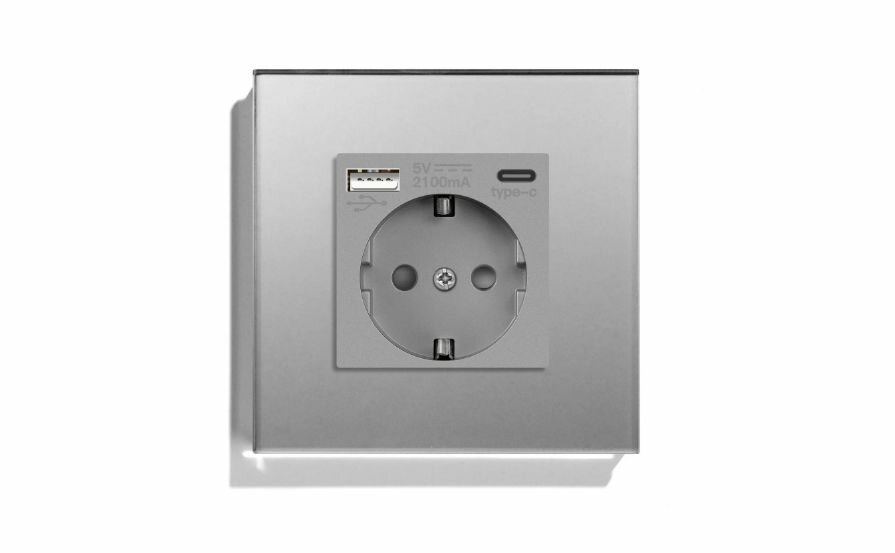 Розетка серая с USB и Type-C портами, рамка из закаленного стекла евро стандарт со шторками 16А 250V