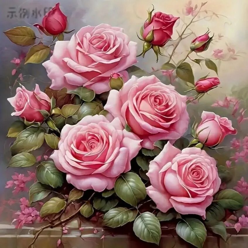 Алмазная картина "Розовые розы", 30x30 см. Набор для творчества: цветы, бутоны, ветки.-C