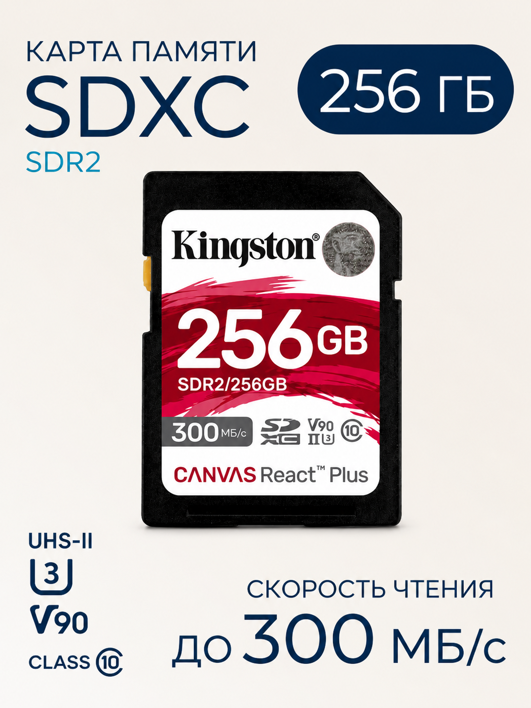 Карта памяти Kingston Canvas React Plus SD 256 ГБ (SDR2/256GB) для профессиональных кинокамер