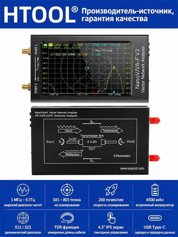 NanoVNA-F V3 RF анализатор с SMA комплектом, векторный анализатор цепей 1-6000МГц, TDR измерение кабеля, IPS Touch дисплей