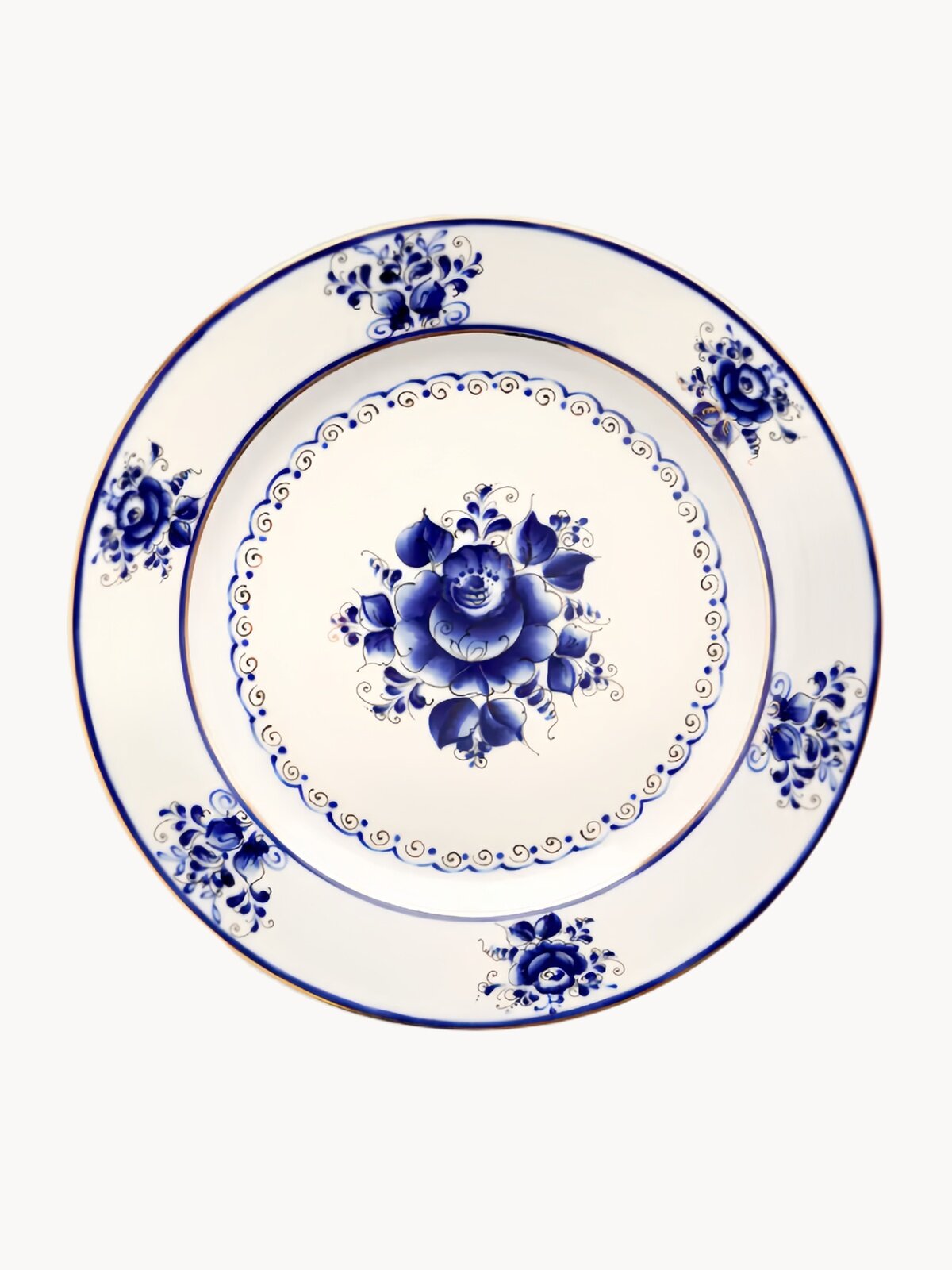 Тарелка. Объединение "гжель". Тарелка "Гжельская", d-230 мм, 24-х каратное золото, фарфор