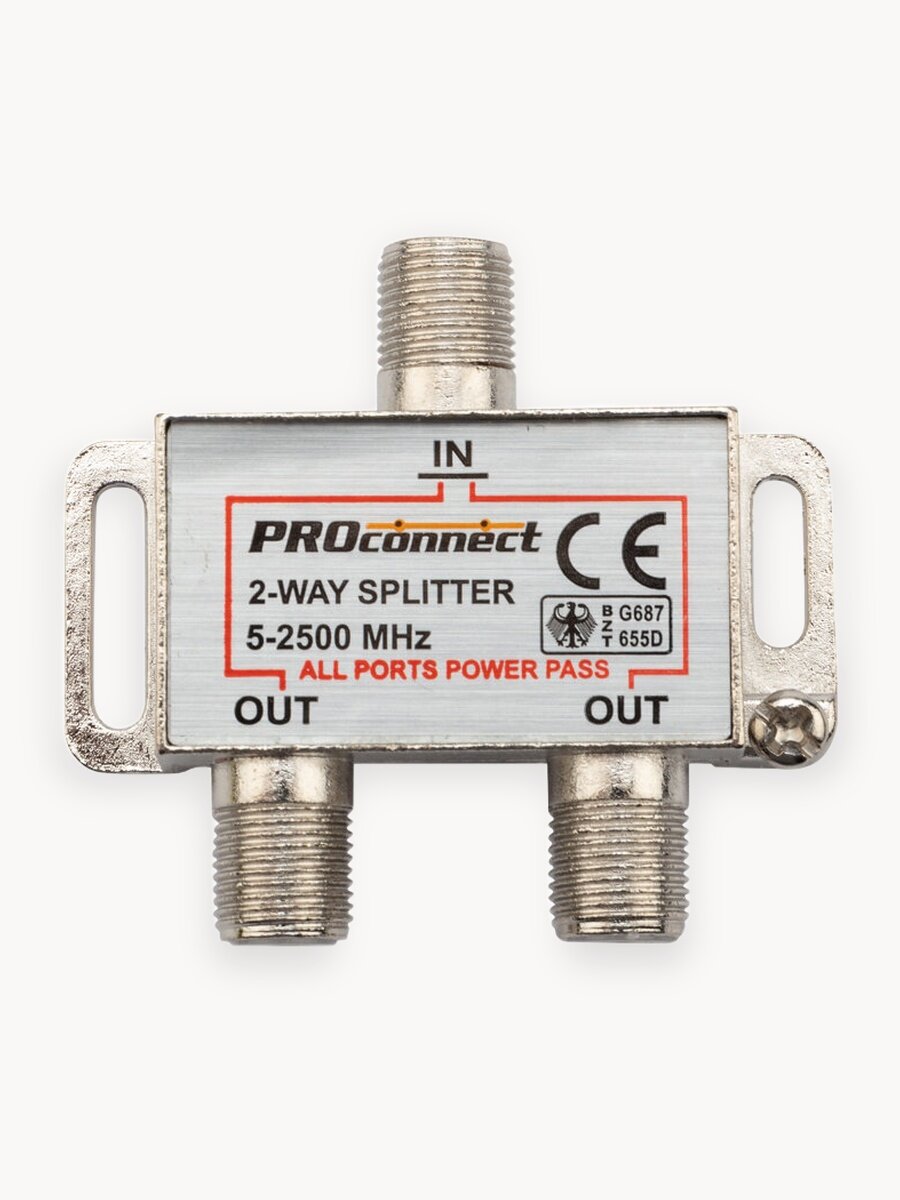 Делитель/сплиттер телевизионный под F разъем (5-2500 МГц, спутниковый) на 2 выхода PROconnect