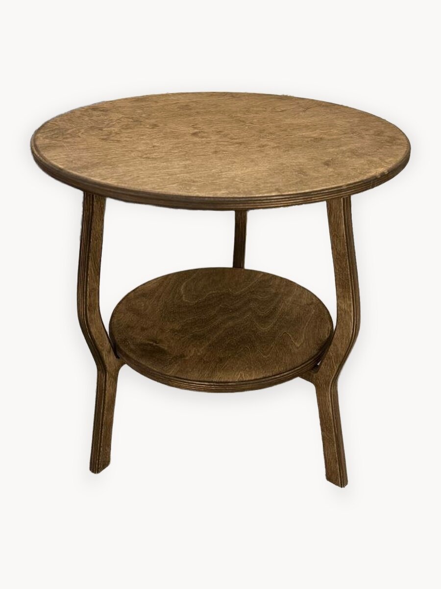 Журнальный столик, круглый, деревянный, с полкой, коричневый ротанг, шпон березы