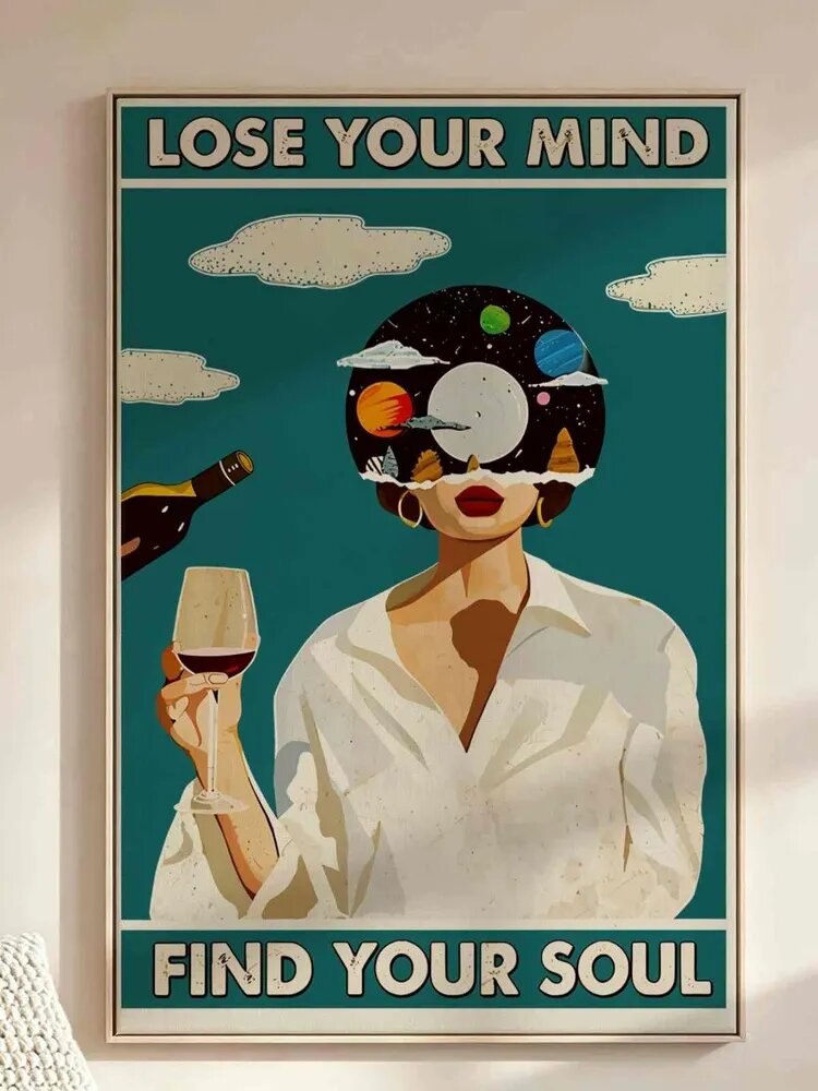 Картина "LOSE YOUR MIND FIND YOUR SOUL: женщина с космосом и вином" 50x70 см, 1