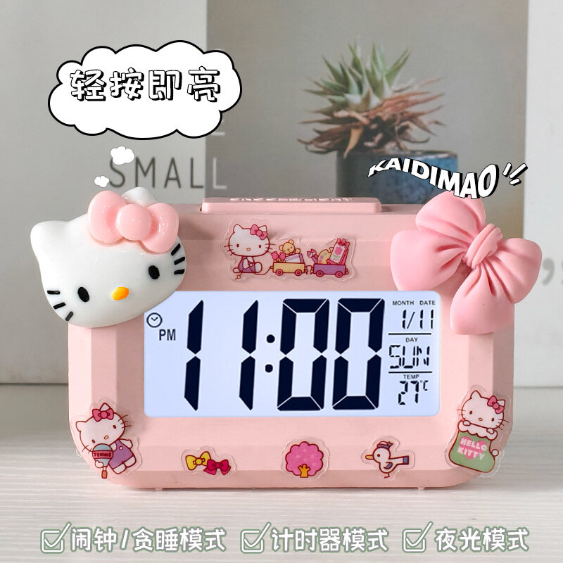 Будильник Hello Kitty Sanrio, светодиодная подсветка, с функцией таймера, случайные наклейки