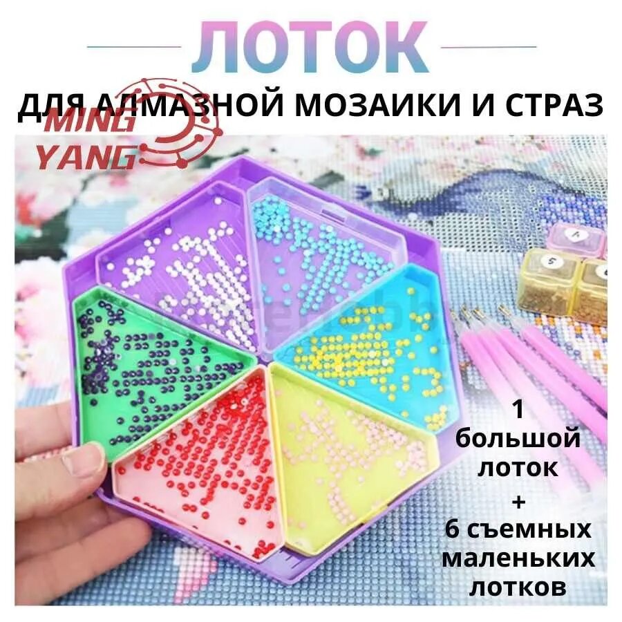 Лоток для алмазной мозаики, страз, бисера с крышкой, с 6 мини лотками аксессуарами