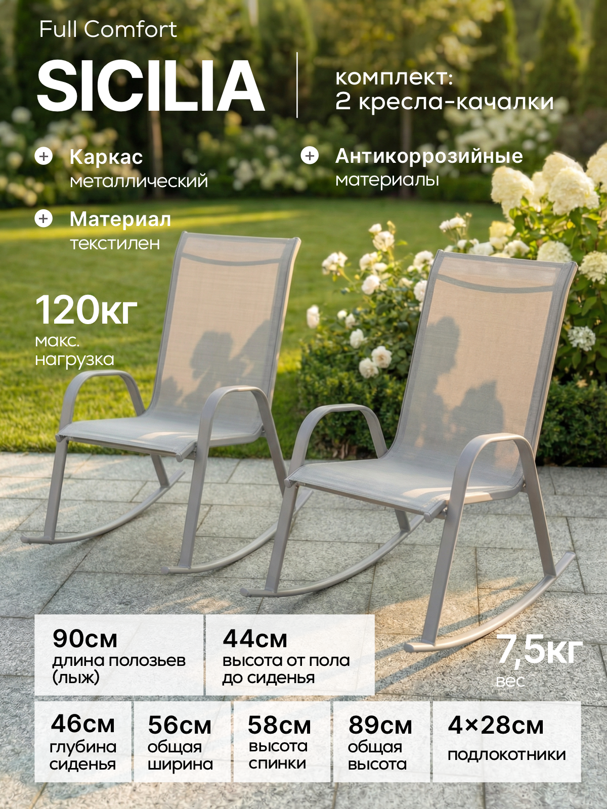 Комплект садовых кресел-качалок (2 шт) Full Comfort - SICILIA на металлическом каркасе, серый