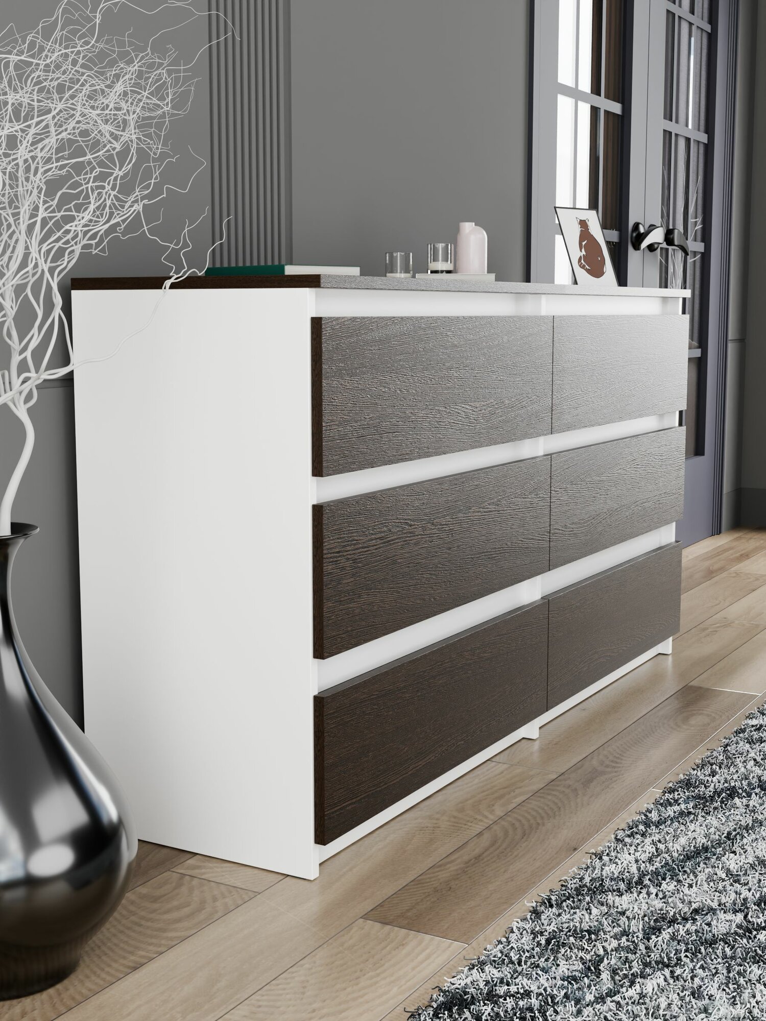 Комод для белья и одежды орлан 6 ящиков, 140х76.4х40 см, белый/венге