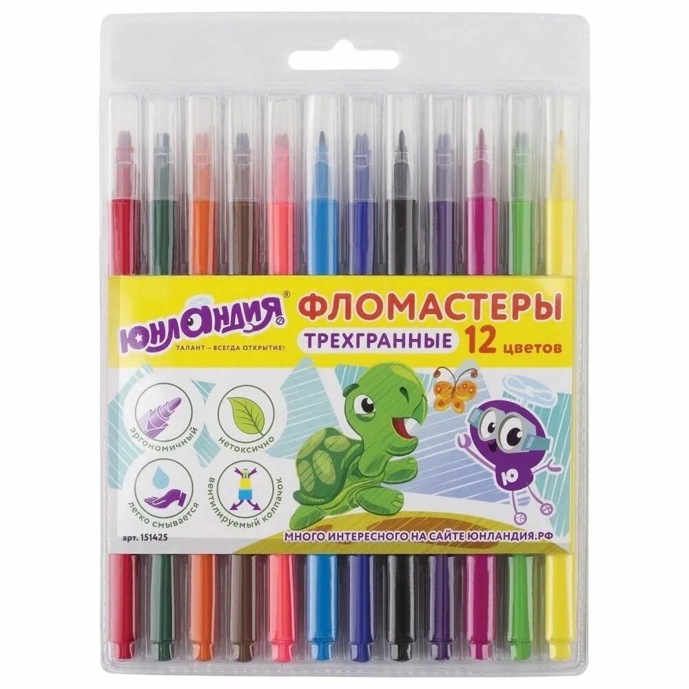 Фломастеры 12 цветов, трехгранные, вентилируемый колпачок