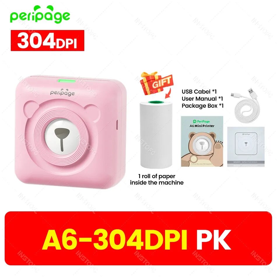 Портативный термопринтер PeriPage A6 304DPI белый фиолетовый Розовый, A6 304 Pink