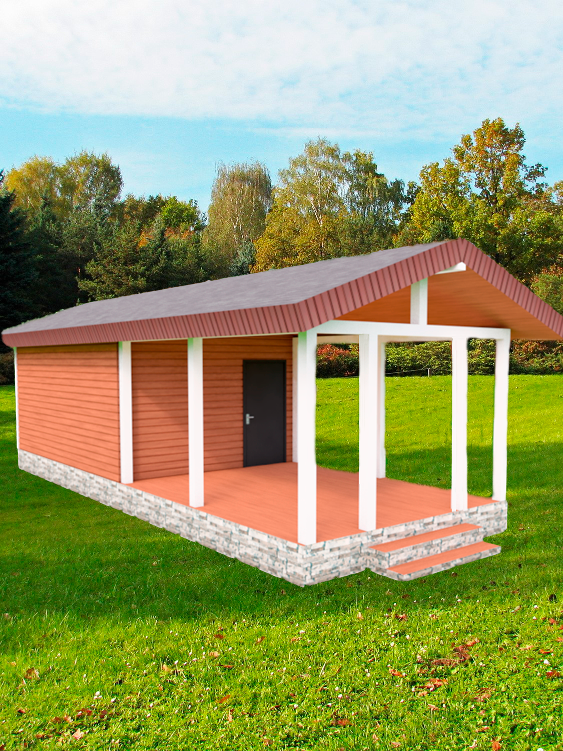 Проект каркасной бани с террасой-летней кухней и комнатой отдыха 4,10х10,79 м