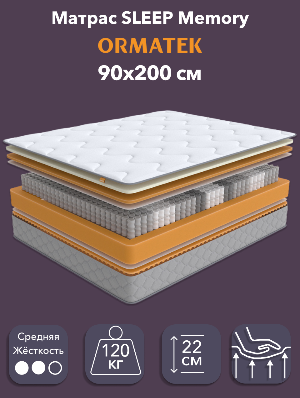 Орматек Матрас SLEEP Memory, Независимые пружины, 90х200 см, Односпальный двусторонний анатомический матрас