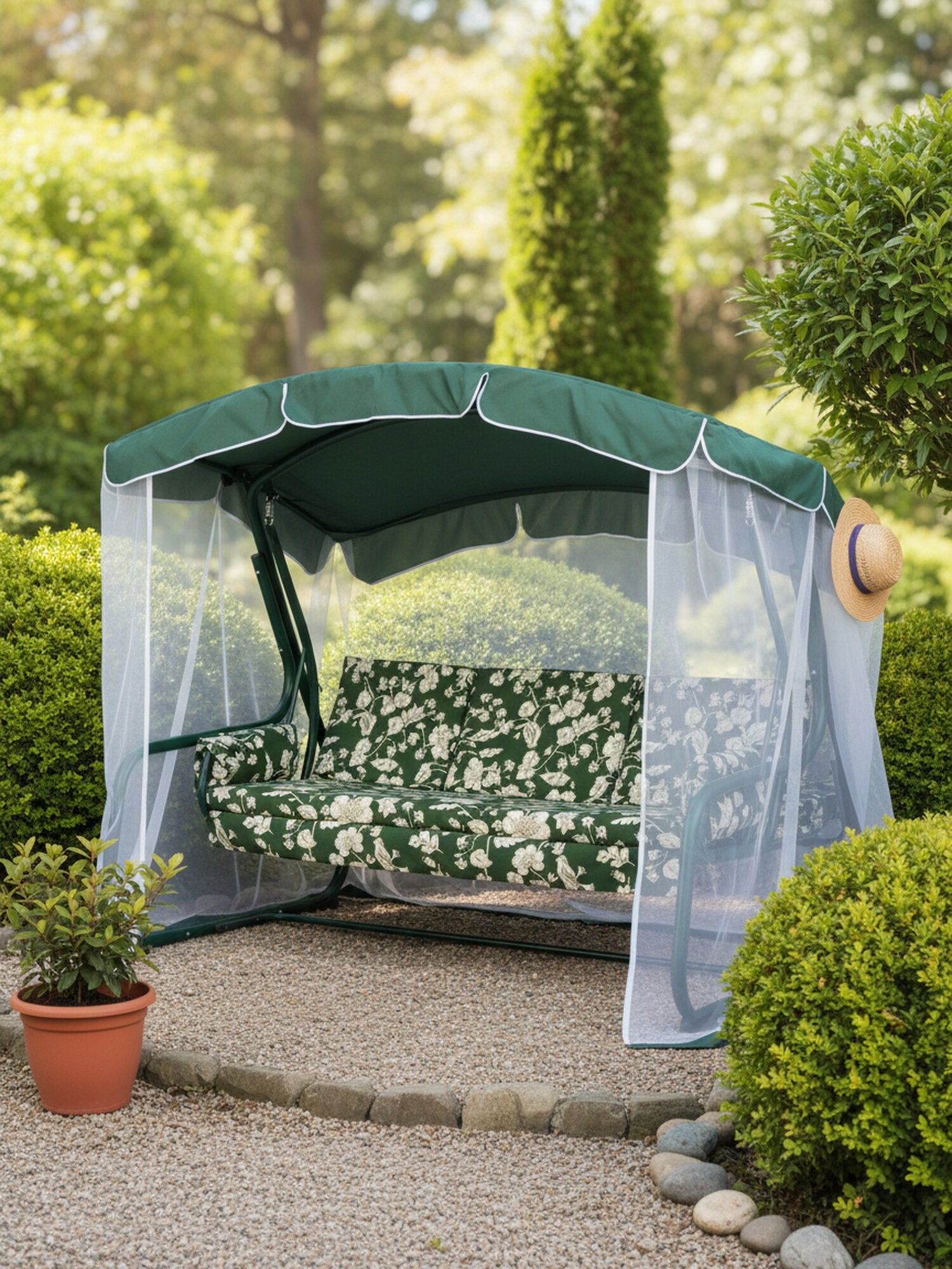 Садовые качели Генуя 3-местные раскладные, нагрузка 300 кг, с москитной сеткой и матрасом, зеленые, металл, A45G.536