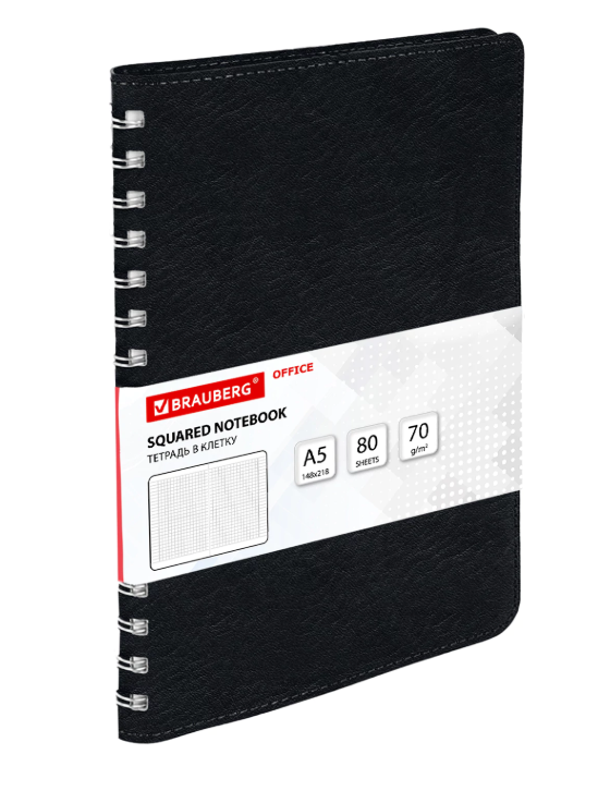 Бизнес-тетрадь на гребне А5 148x218 мм, BRAUBERG "Office PRO", под кожу, клетка, 80 л, чёрная, 1110