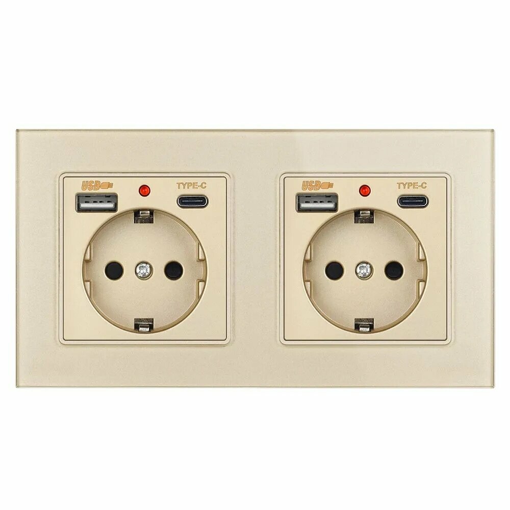 Розетка электрическая 2 поста, с Usb/Type-C АC, рамка 153х82мм стекло, цвет золотой