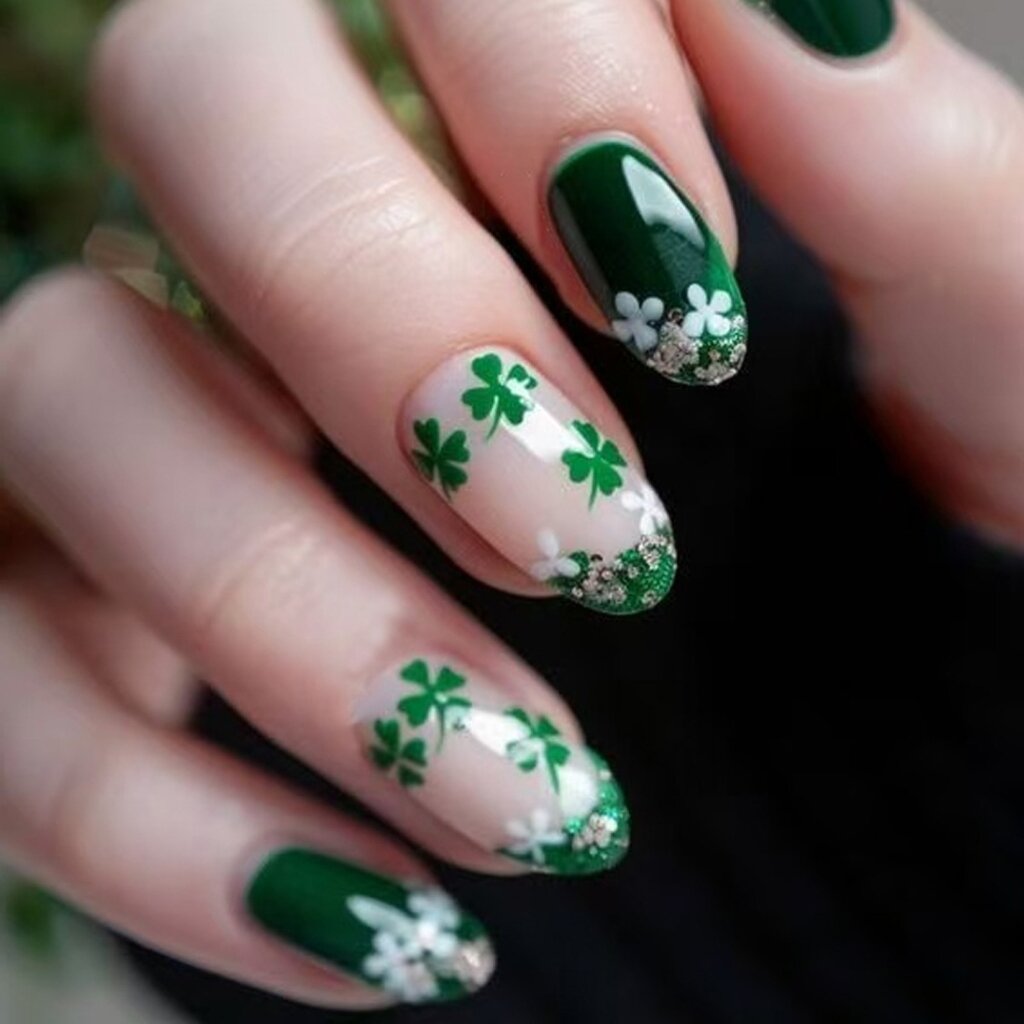 24шт Быстрое Нанесение Нескольких Размеров Зеленые Блестки Трилистник Поддельный Цвет Прыжка Ногтей