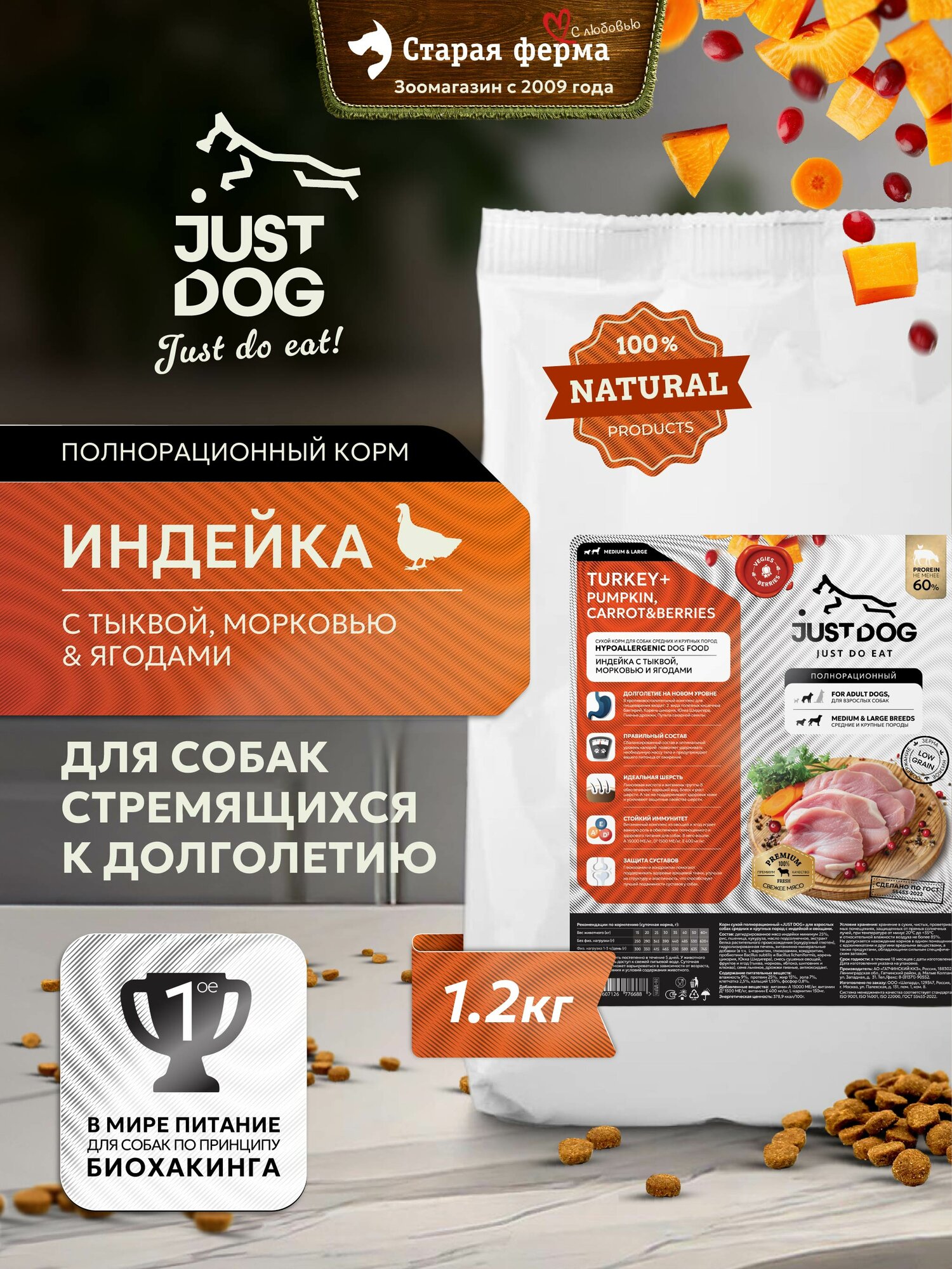 Сухой корм для собак средних и крупных пород Just Dog Low Grain Hypoallergenic, с индейкой и овощами 1,2 кг