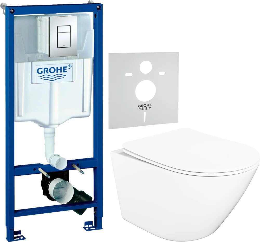 Комплект 5 в 1 Унитаз подвесной STWORKI Кронборг S28401WH, безободковый, с микролифтом, белый / Инсталляция с кнопкой Grohe Rapid SL 38772001 цвет хром / Звукоизоляция 37131000, Крышка-сиденье