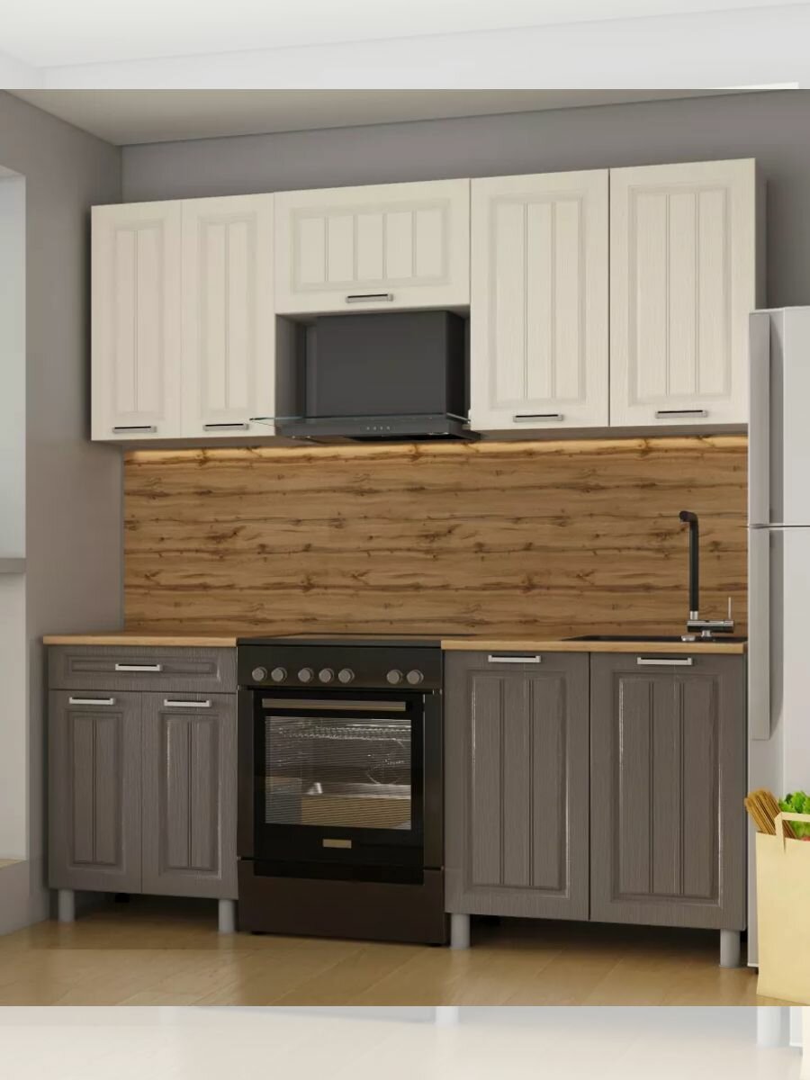 Кухонный гарнитур (кухня) Луксор 2.0 м с окапом, ЛДСП/МДФ, Белый/Клен кремовый/Клен серый, 2000х2160х430 тэкс