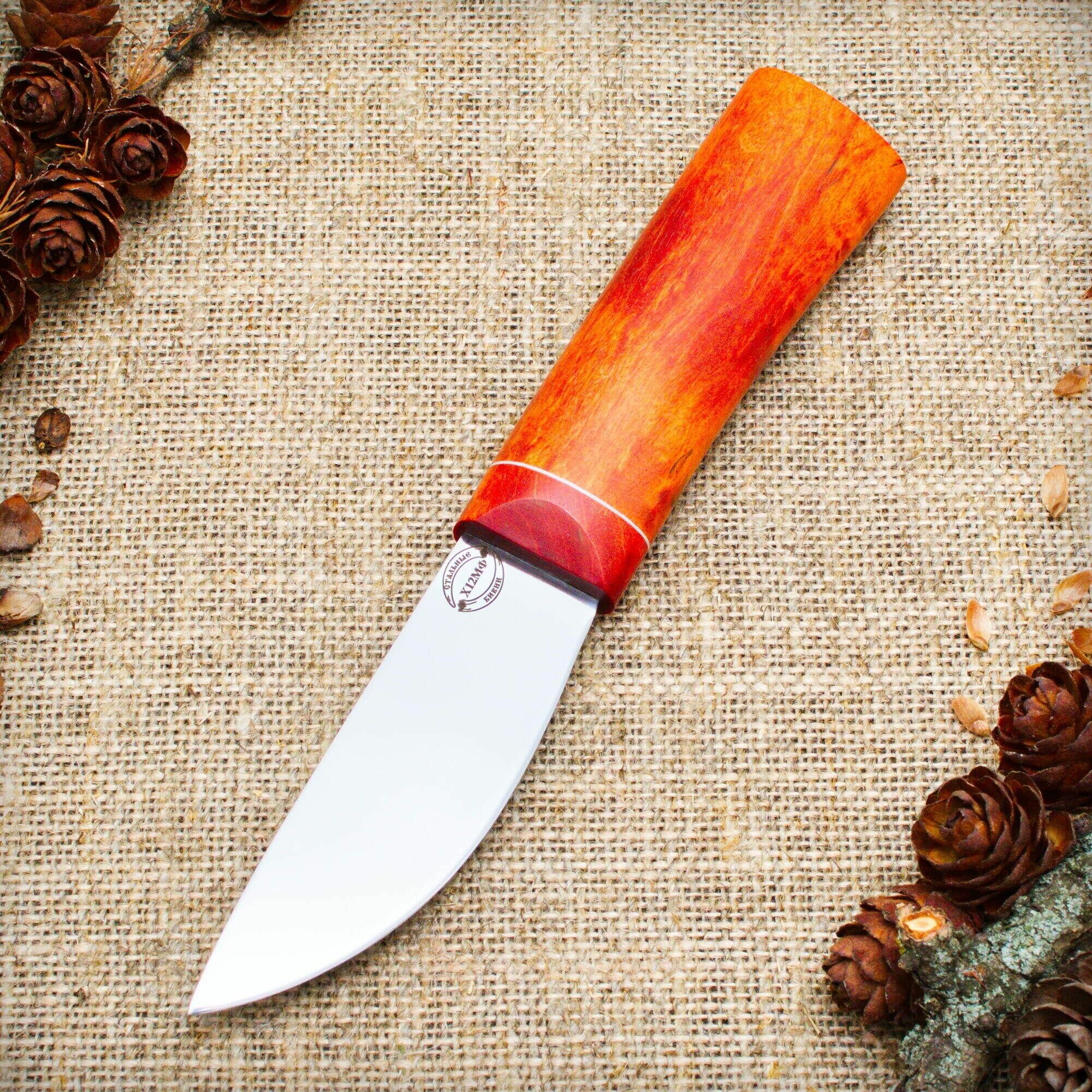 Нож шкуросъемный Якут скинер, Х12МФ (кованая сталь), Полированный, Стабилизированная карельская береза оранжевая, Стальные Бивни (Steel Tusks)