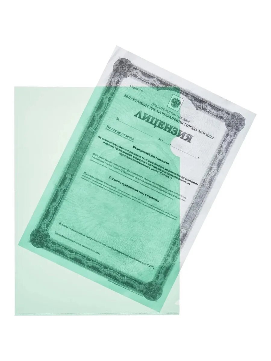 Зеленые пластиковые папки-уголки, упаковка 10 шт.