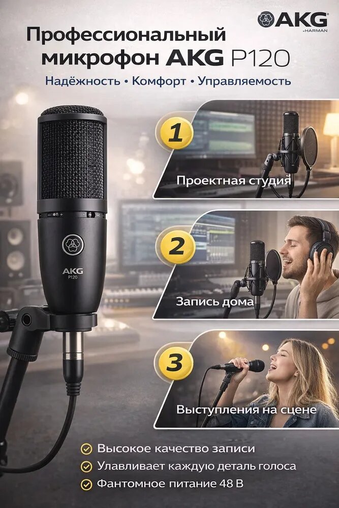 Микрофон AKG P120 студийный, серый, для записи вокала и инструментов, конденсаторный