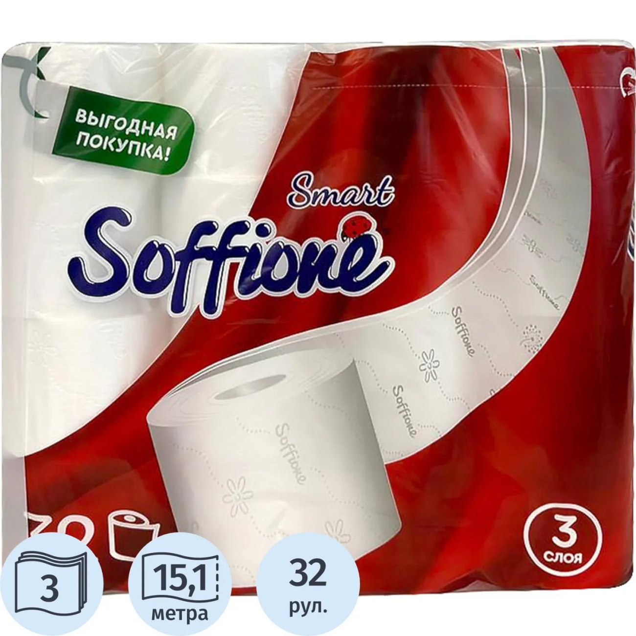 Бумага туалетная Soffione Smart 3сл белая 15,12м 32рул/уп 2446504