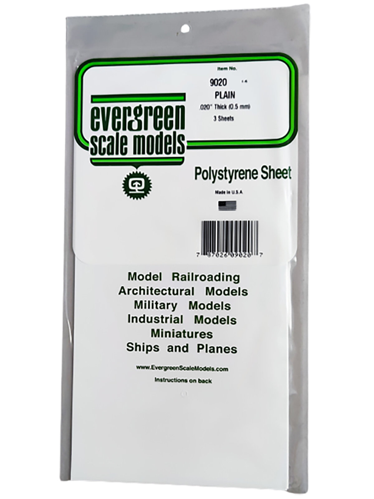 Белый пластик 0.5 мм, 3 листа 15х30 см, для моделирования, Evergreen
