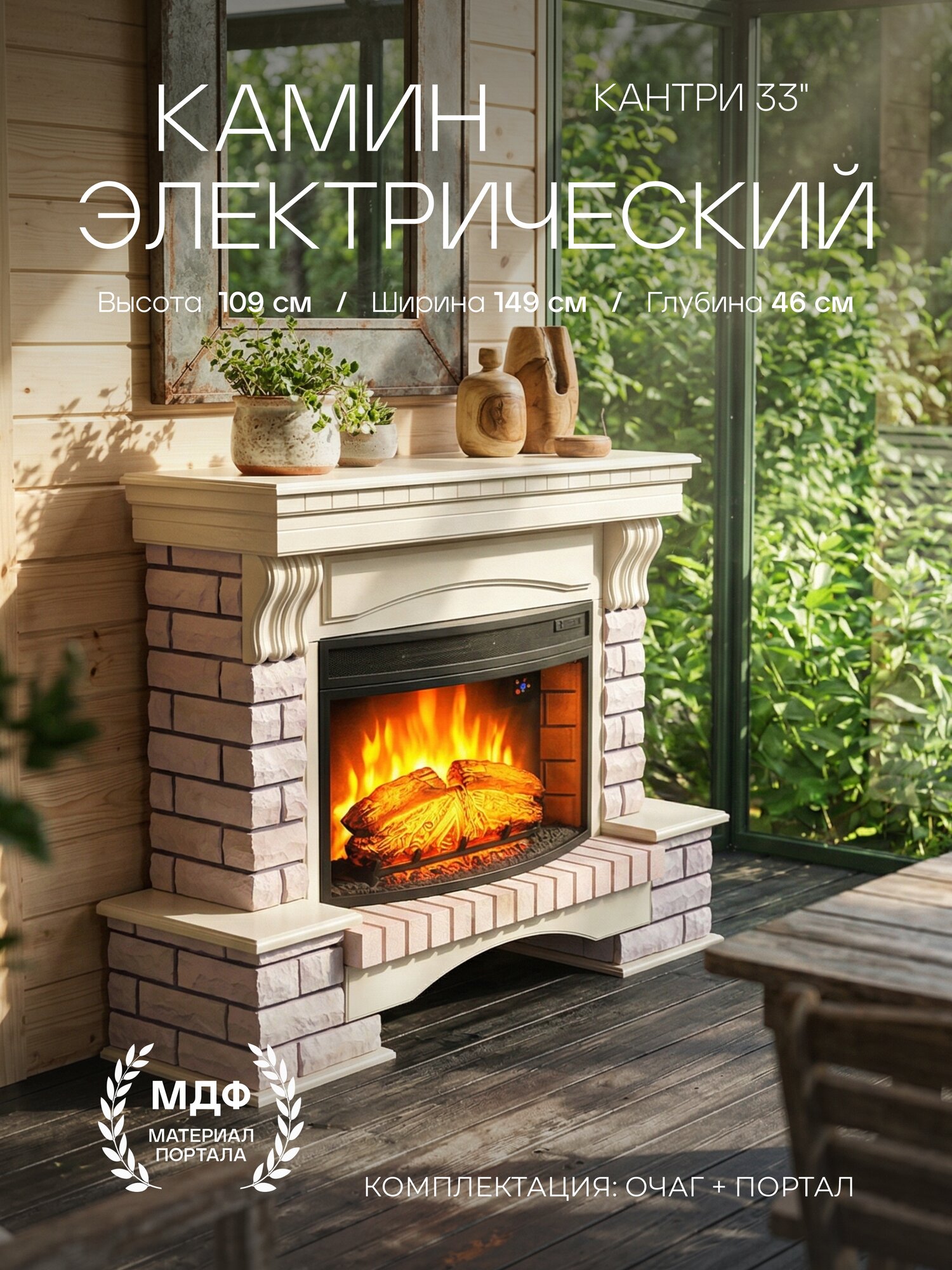 Электрокамин RealFlame Country WT МДФ с очагом Firespace 33W, имитация пламени, ИК обогрев, звук, пульт